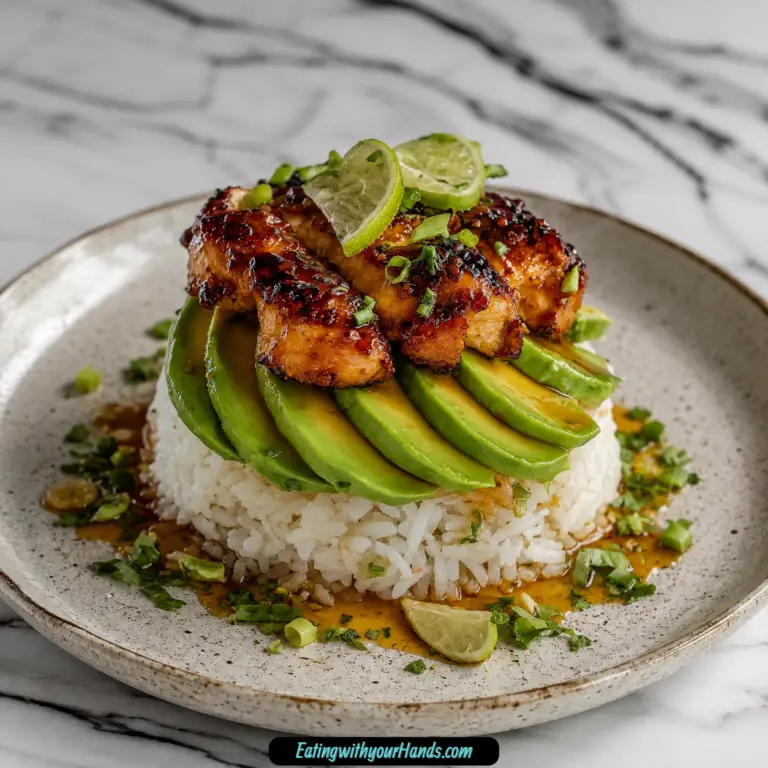 Honey Lime Chicken & Avocado Rice Stack - EatingwithYourHands.Com